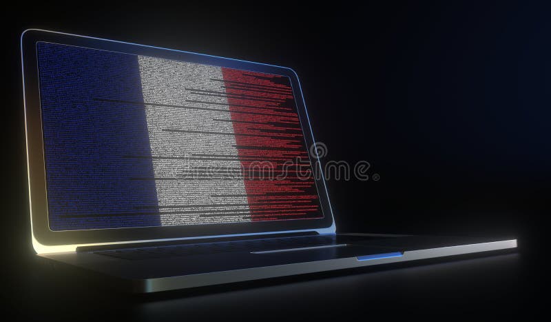 Flag of France Made with Computer Code on the Laptop Screen. Hacking or ...