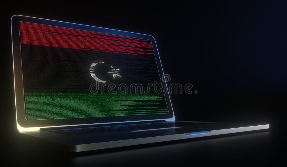 Open Laptop and Computer Code on the Screen Composing Flag of Libya ...