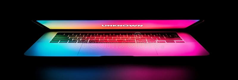 Open Laptop Computer with Neon Text Unknown Reflecting Cyberpunk ...