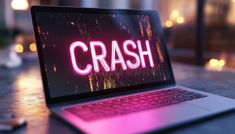 Open Laptop Computer Showing Crash Message in Neon Text on Screen ...