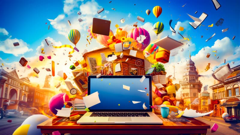 Open Laptop Computer Sitting on Top of Wooden Desk Covered in Flying ...