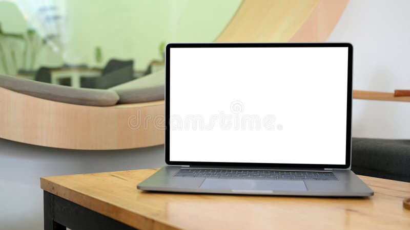 Open Laptop Computer White Screen Mockup on Wooden Worktable Stock ...