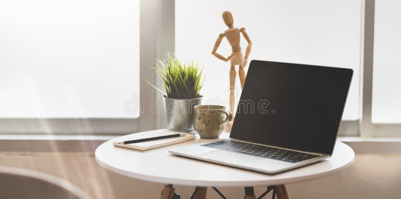 Open Laptop Computer on White Wooden Table Stock Photo - Image of ...