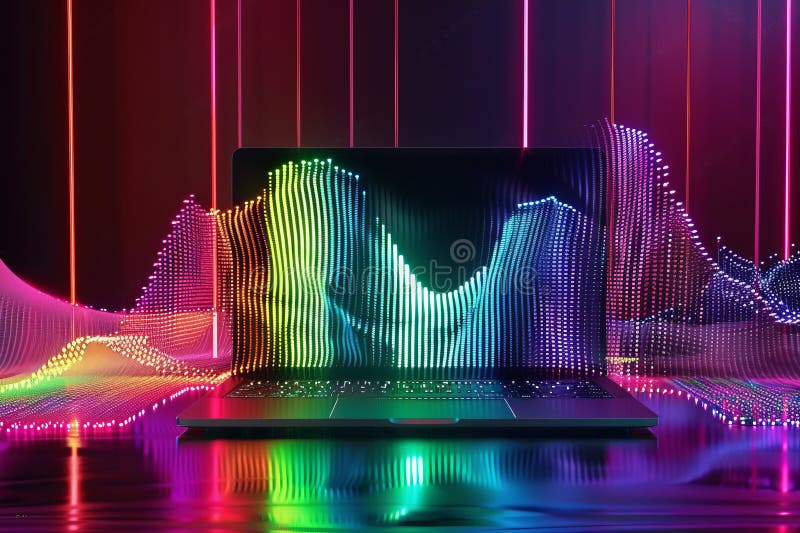 Open Laptop with 3D Wave Graph of Rainbow Colors in Front of Display ...
