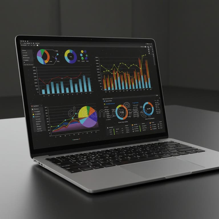 Open Laptop on a Dark Table Displaying Data Visualizations. Screen Features Colorful Stock Photo ...