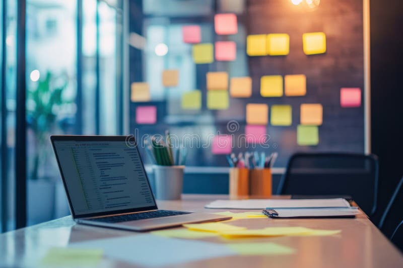 Open Laptop on Desk with Blurred Sticky Notes on Wall in Background ...