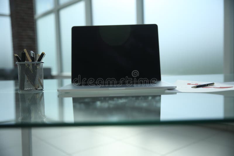 Open Laptop on Desk in Empty Office Stock Image - Image of concept ...