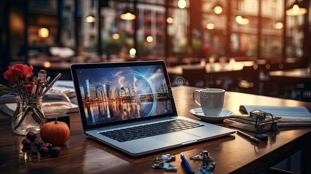 Open Laptop on the Desk in the Office, Workflow on the Computer ...