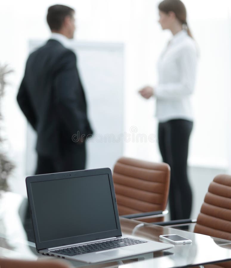 Open Laptop on the Desktop, in the Conference Room Stock Photo - Image ...
