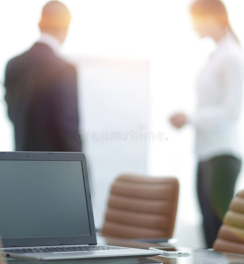 Open Laptop on the Desktop, in the Conference Room Stock Image - Image ...