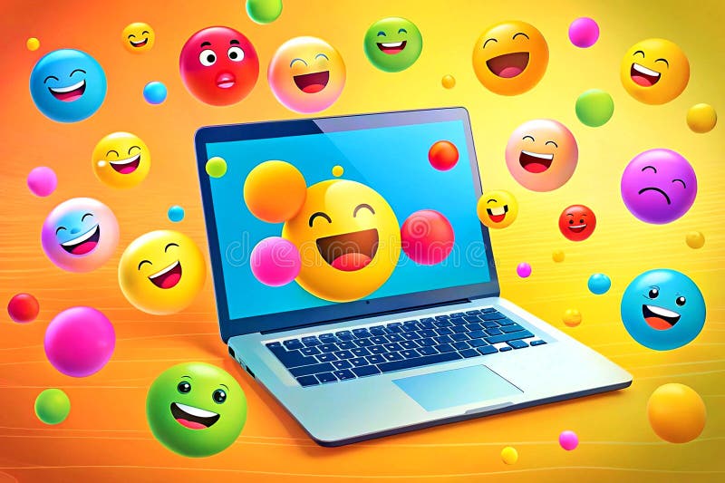 Open Laptop with Different Smileys on Yellow Stock Illustration ...