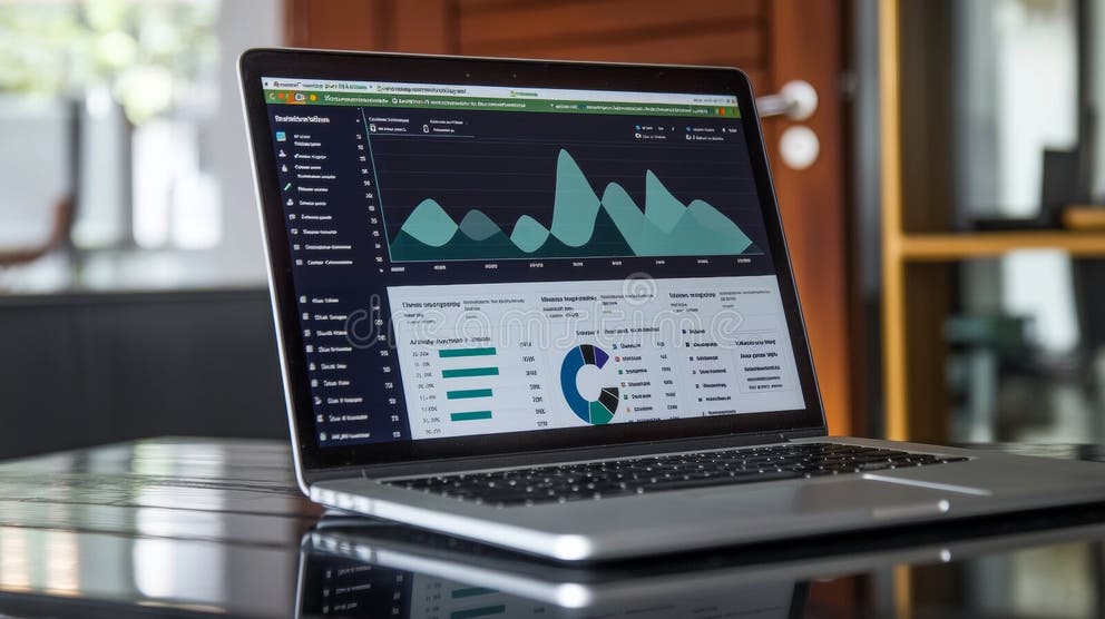 Open Laptop Displaying Business Analytics Dashboard with Charts Stock Image - Image of workplace ...