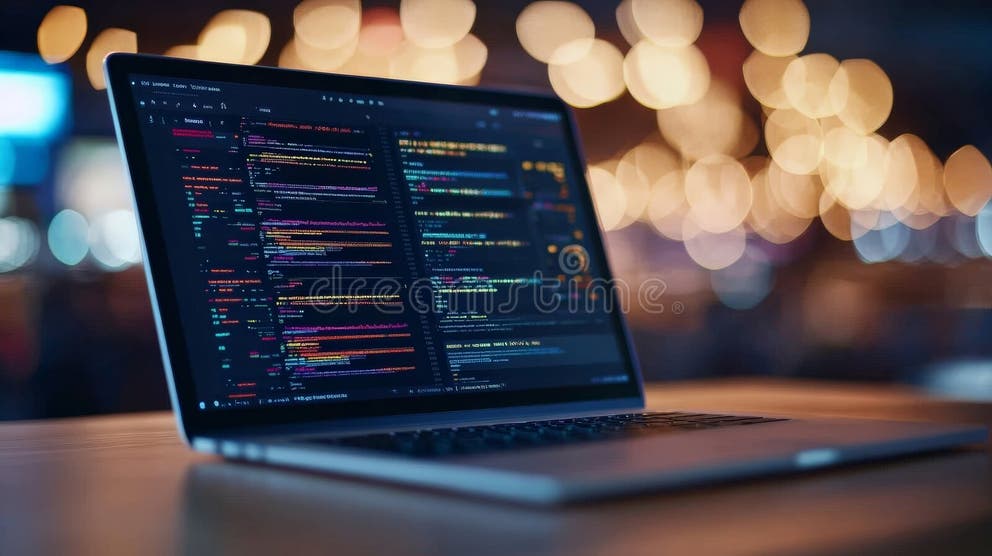 Open Laptop Displaying Colorful Lines of Programming Code Against a Vibrant Backdrop of Bokeh ...