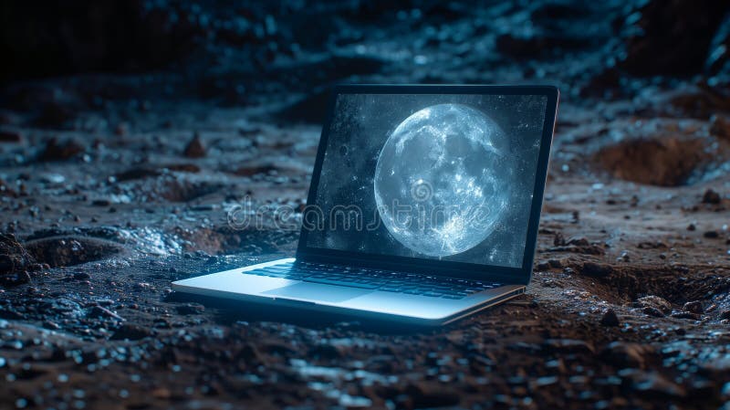 Open Laptop Displaying Full Moon on Lunar Surface at Night Stock Image ...