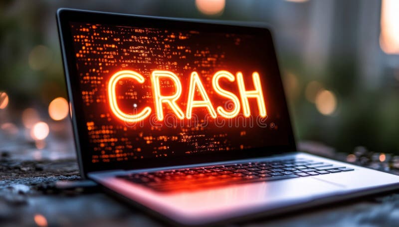 Open Laptop Displaying Neon Crash Text with Motherboard Pattern and ...