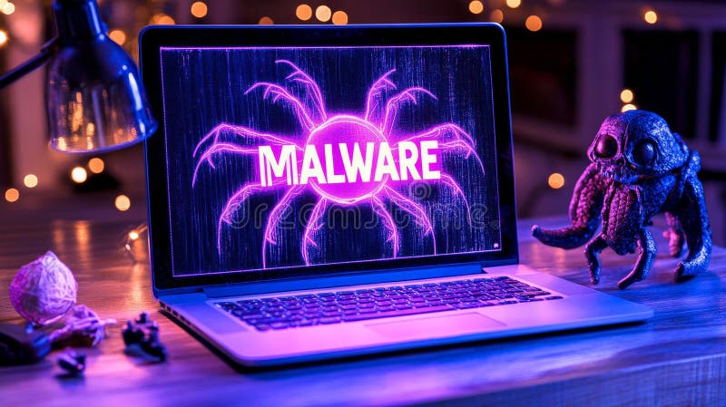 Open Laptop Displaying Neon Malware Warning Sign, Cybersecurity Threat ...