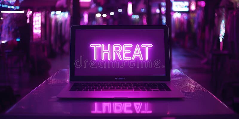 Open Laptop Displaying Neon Threat Sign in a Blurred, Atmospheric ...