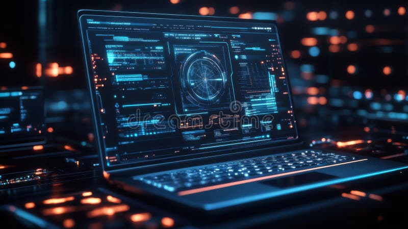 Open Laptop Displays Complex Data Interface in Futuristic Setting with ...