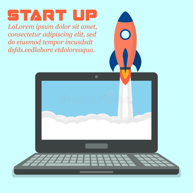 Open Laptop in a Flat Design with Rocket. Start Up Stock Vector ...