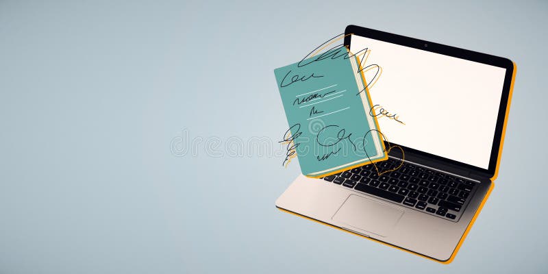 Open Laptop with Floating Notebook and Scribbles on Blank Screen. 3D ...