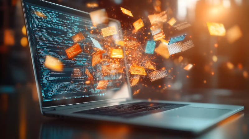 Open Laptop with Glittering Code Fragments Emerging from Screen Stock ...