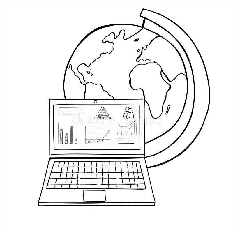 Open Laptop with Globe Monochrome Vector Illustration. Abstract ...