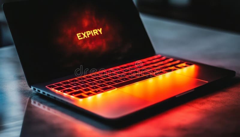 Open Laptop with Glowing Red Expiry Text on Screen, Reflecting in Dark ...