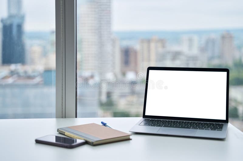 Open Laptop Mock Up Screen on Work Table, Computer at Desk in ...