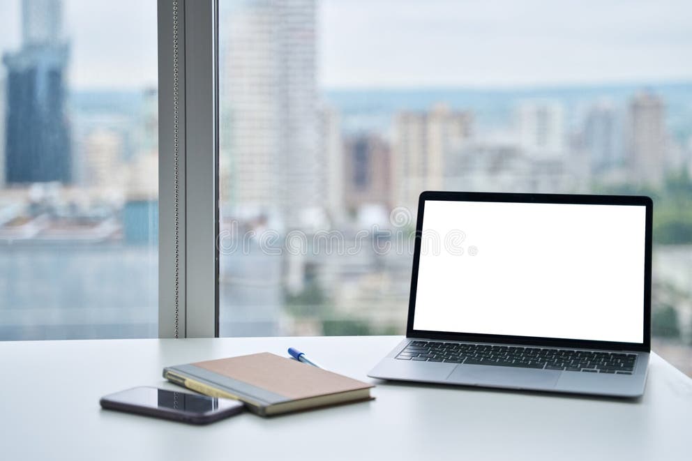 Open Laptop Mock Up Screen on Work Table, Computer at Desk in ...