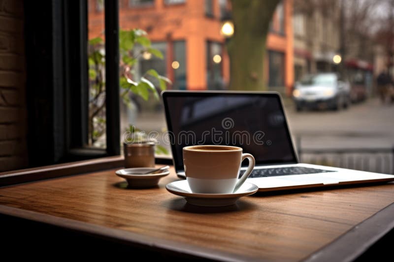 Open Laptop Next To a Cup of Coffee on a Table Stock Image - Image of ...