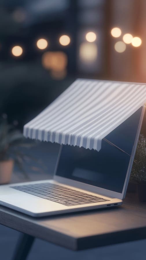Open Laptop on Outdoor Table with Striped Awning in Evening Light Stock ...