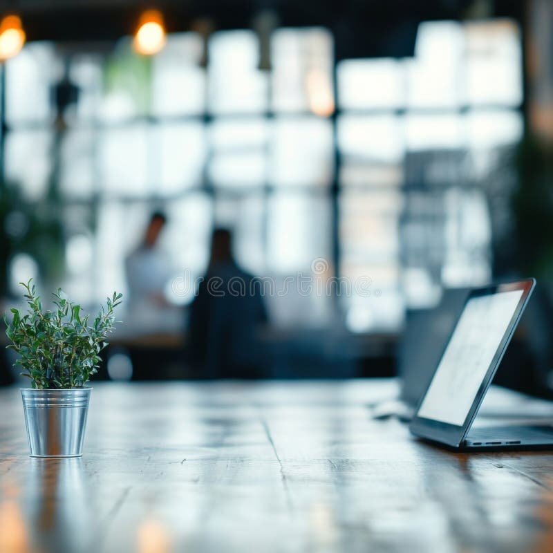 Open Laptop, Potted Plant and Blurry Coworking Space in the Background ...