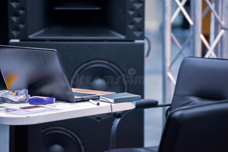 Open Laptop Screen Behind Desktops in Office Stock Photo - Image of ...