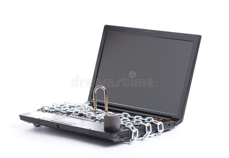Open Laptop Security Whit Chain Stock Photo - Image of link, guard ...