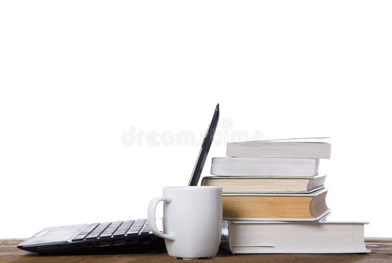 Open Laptop, Stack of Books and Cup Stock Image - Image of ...