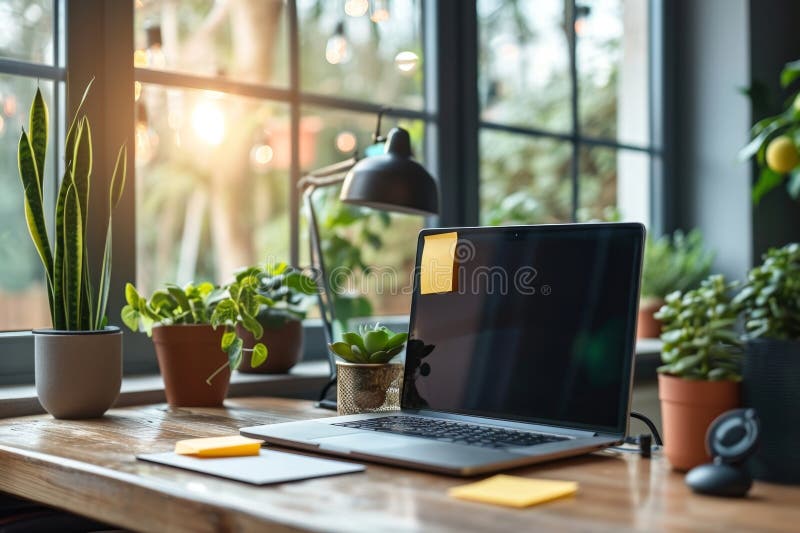 An Open Laptop Stands on the Desktop in the Home Interior Stock Photo ...