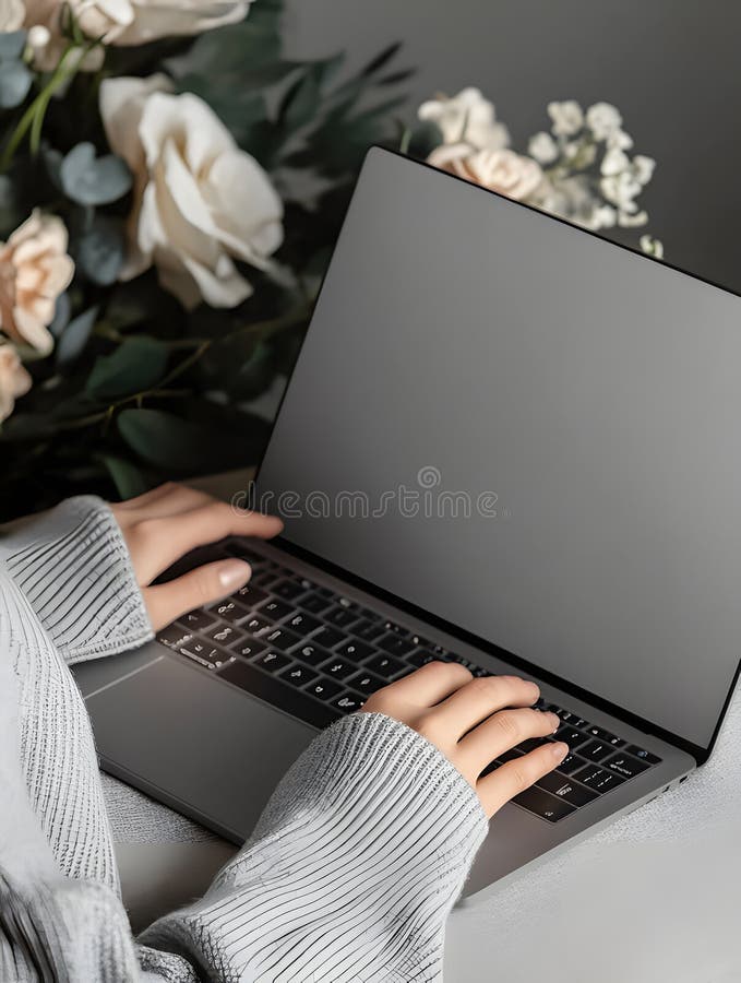 An Open Laptop Stands on Table with Hands. Dark Background. Side View ...