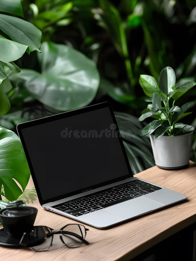 An Open Laptop Stands on Table with Plants. Dark Background. Side View ...