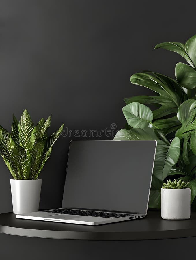 An Open Laptop Stands on Table with Plants. Dark Background. Side View ...