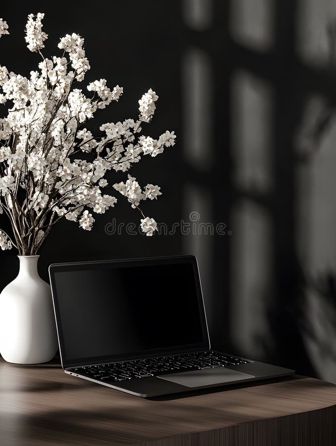 An Open Laptop Stands on Table with Plants. Dark Background. Side View ...