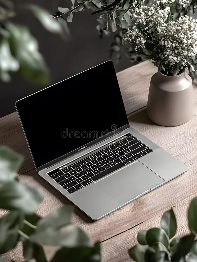 An Open Laptop Stands on Table with Plants. Light Background. Side View ...