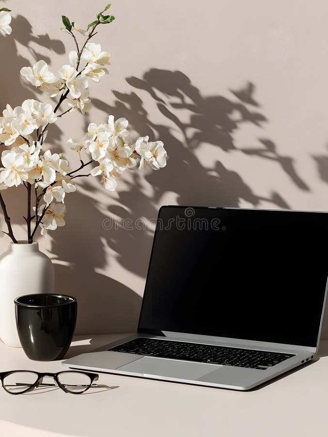 An Open Laptop Stands on Table with Plants. Light Background. Side View ...