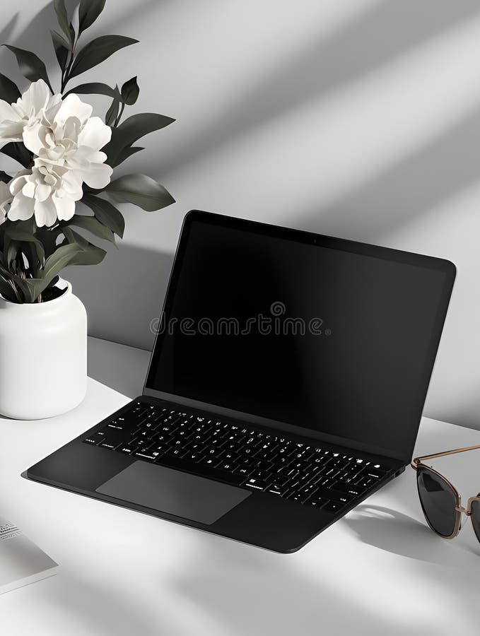 An Open Laptop Stands on Table with Plants. Light Background. Side View ...