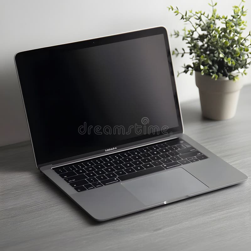 An Open Laptop Stands on Table with Plants. Light Background. Side View ...
