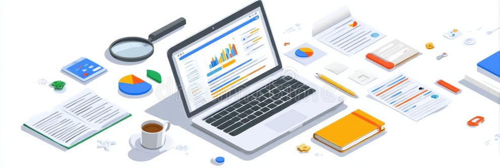 Open Laptop Surrounded by Productivity Tools on a Workspace Indicates ...