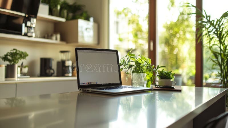 Open Laptop on a Table by a Window with Plants Stock Illustration ...