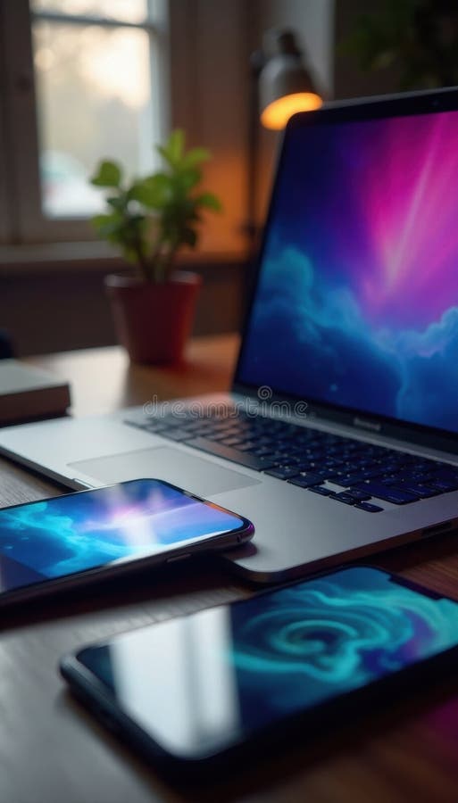 Open Laptop, Tablet, Smartphone Closeup Modern Tech Workspace , Digital ...