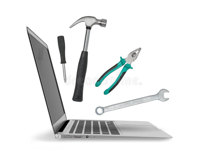 Open Laptop with Tools Isolated on White Background. Symbol of Repair ...
