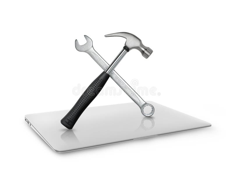 Open Laptop with Tools Isolated on White Background. Symbol of Repair ...
