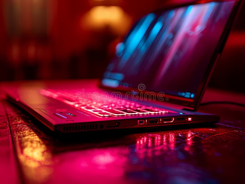 An Open Laptop on the Upper Wall, a Laptop with Red Lights Stock ...